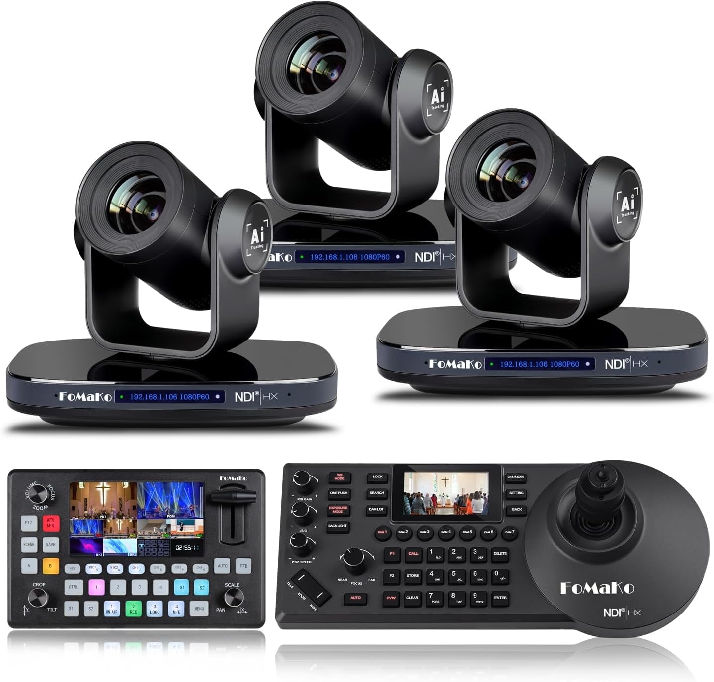 FoMaKo NDI PTZ Camera HDMI AI Tracking 30X Optical Zoom（3pcs） +NDI PTZ ...
