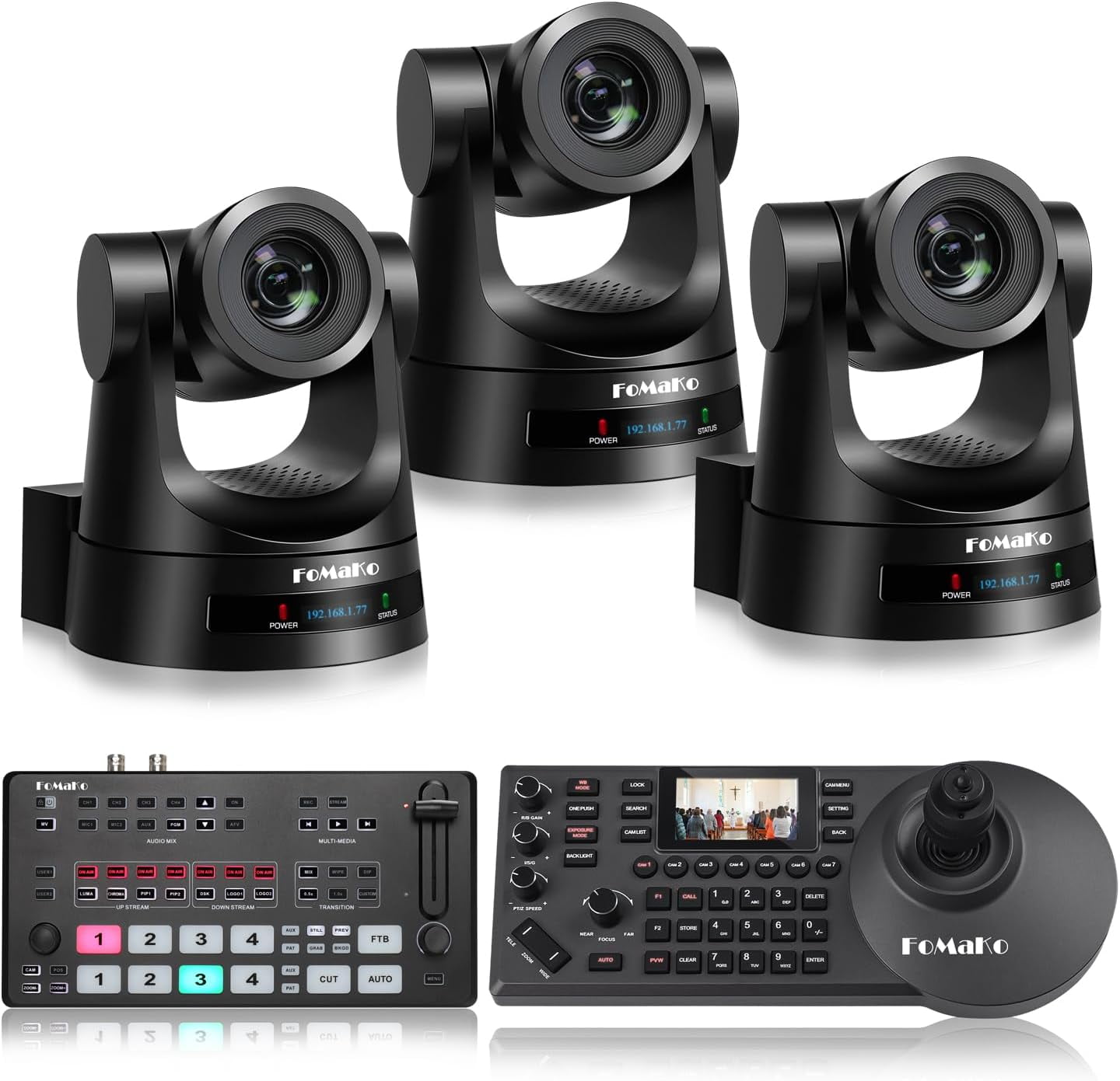 FoMaKo PTZ Camera HDMI, AI Auto Tracking Video Camera, 20x Optical Zoom (3pcs) +M2 Video Mixer ...