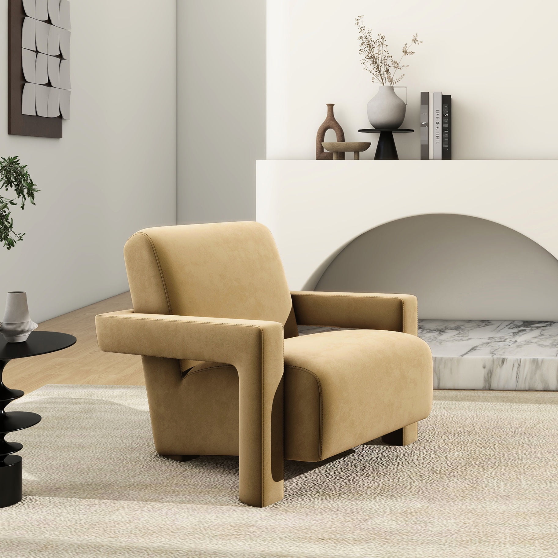 Foam - Filled Beige Velvet - Square Arms Wrap - Family Room - Fully ...