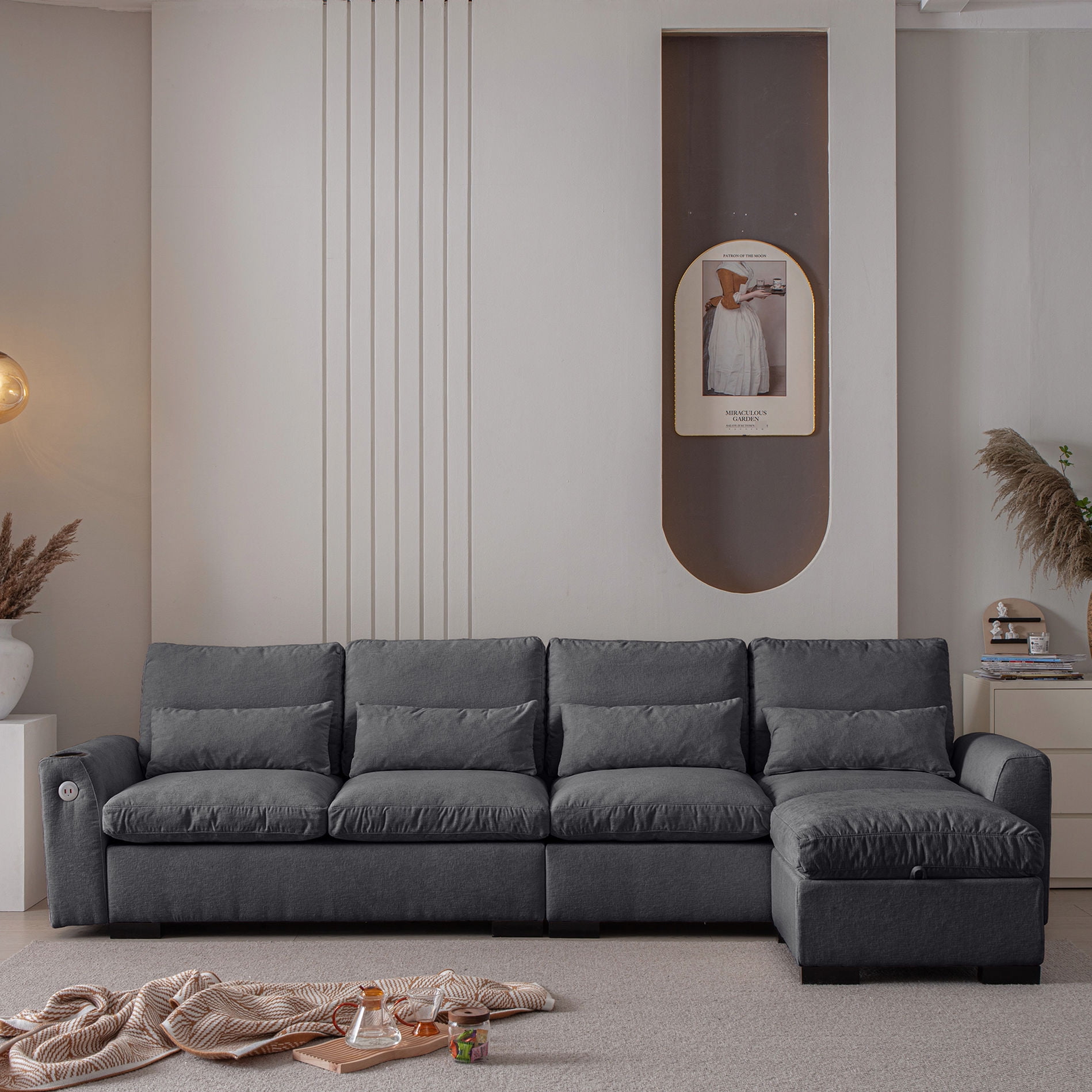 Foam Filled Chenille | Sofa with Reversible Ottoman and Device Charging ...