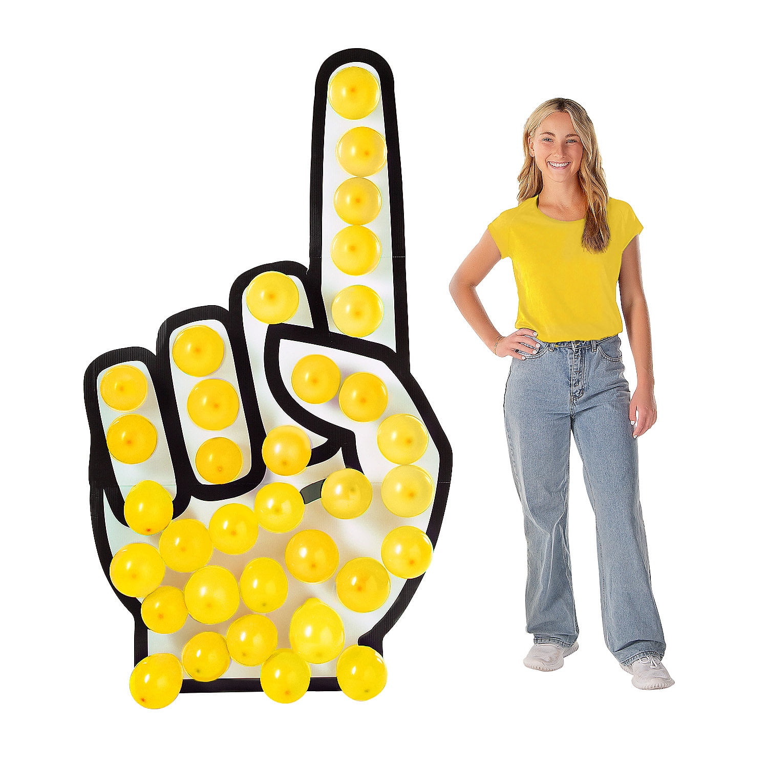 Foam Hand Cardboard Cutout Stand-Up with Yellow Balloons Kit - 73 Pc ...