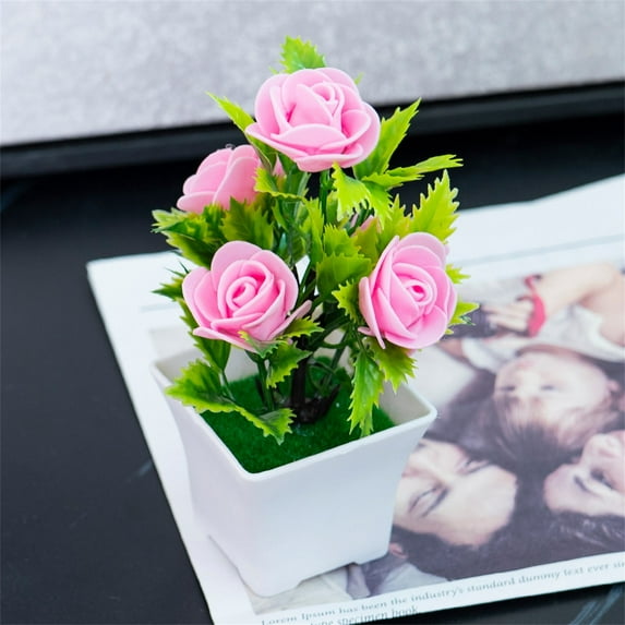 Foam Rose Artificial Flowers in Pot | Realistic Mini Bonsai Decor for ...