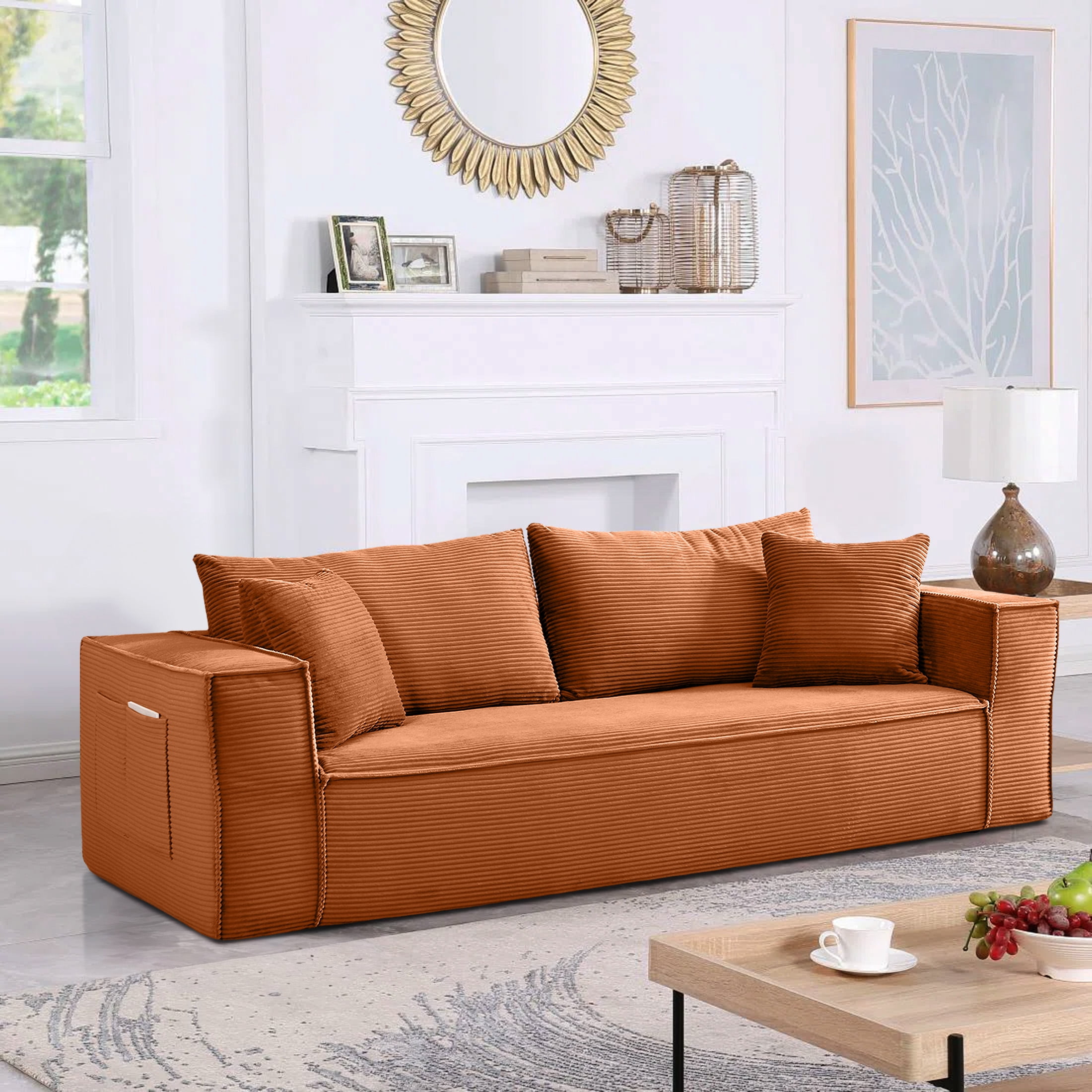 FocalSweet 89" Corduroy 3-Seater Sofa Couch with Side Pocket for Living ...