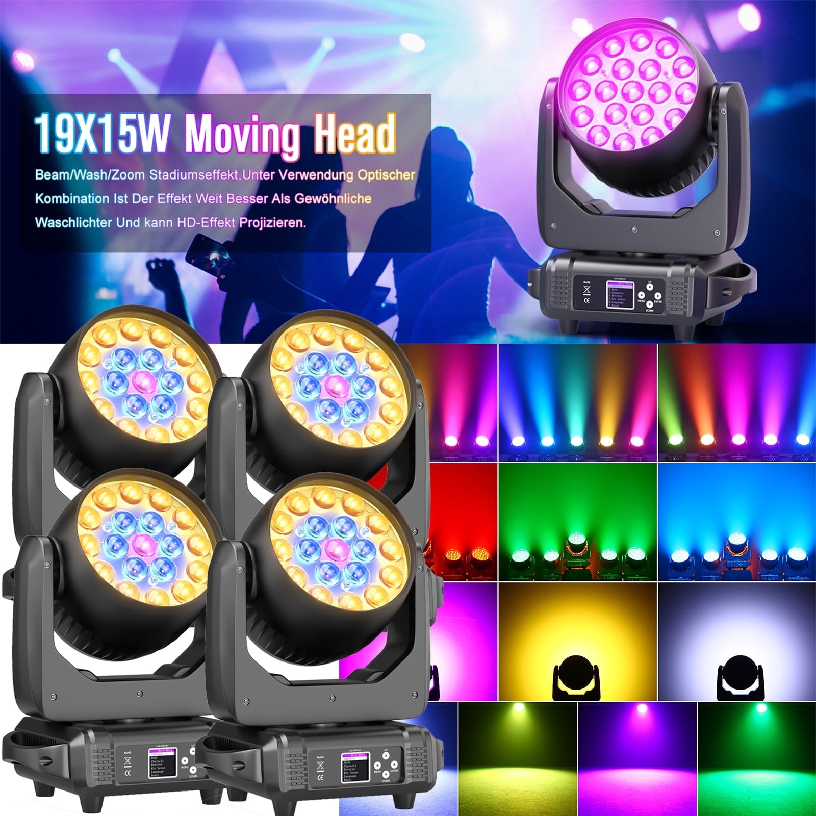 Focusing Shaking Beam Moving Head Light,LED 19x15W RGBW 4 in1 Beam/Wash ...