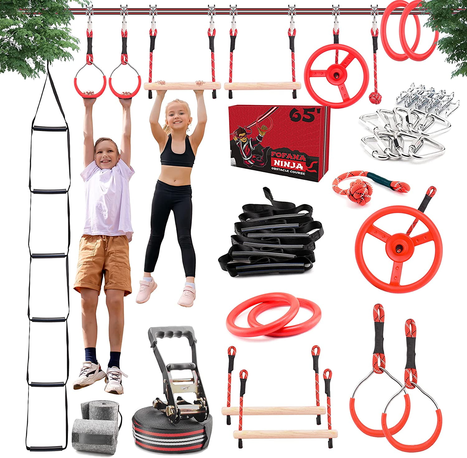 Fofana Ninja Warrior Playground - 32-Piece Set, 65 ft Slackline, 9 ...