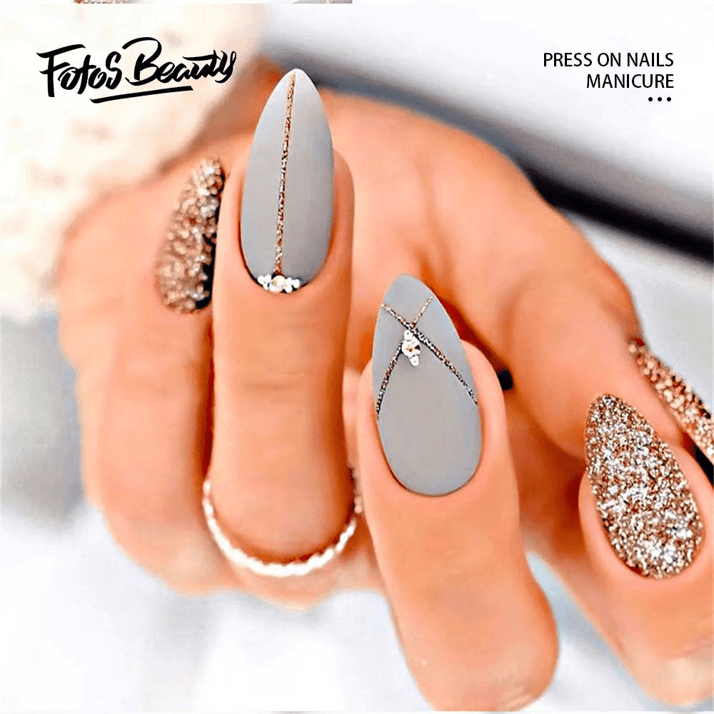 Fofosbeauty 24pcs Almond Fake Press on Nails for Girls Women Gray Frosted Gold Glitter Rhinestones