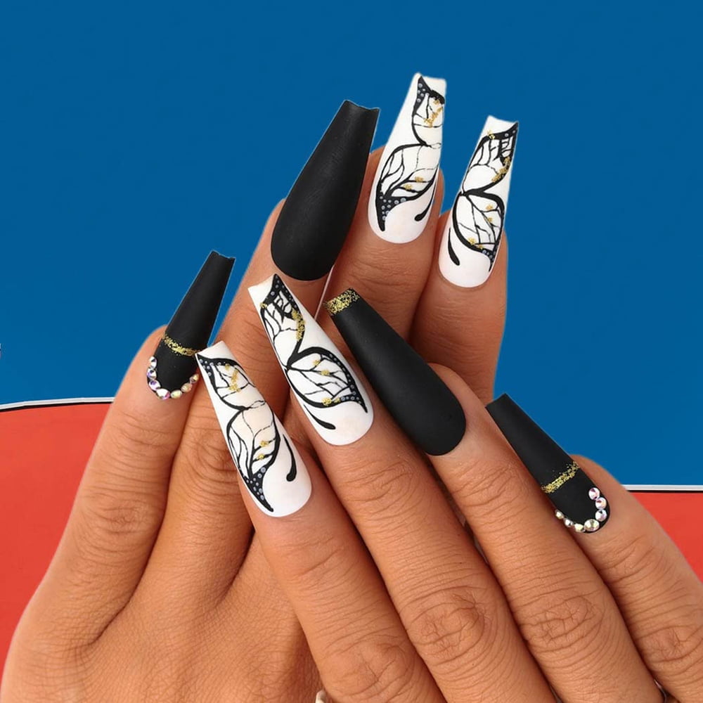 Fofosbeauty 24pcs Coffin False/Fake Nails for Girls Women, Blackgold ...