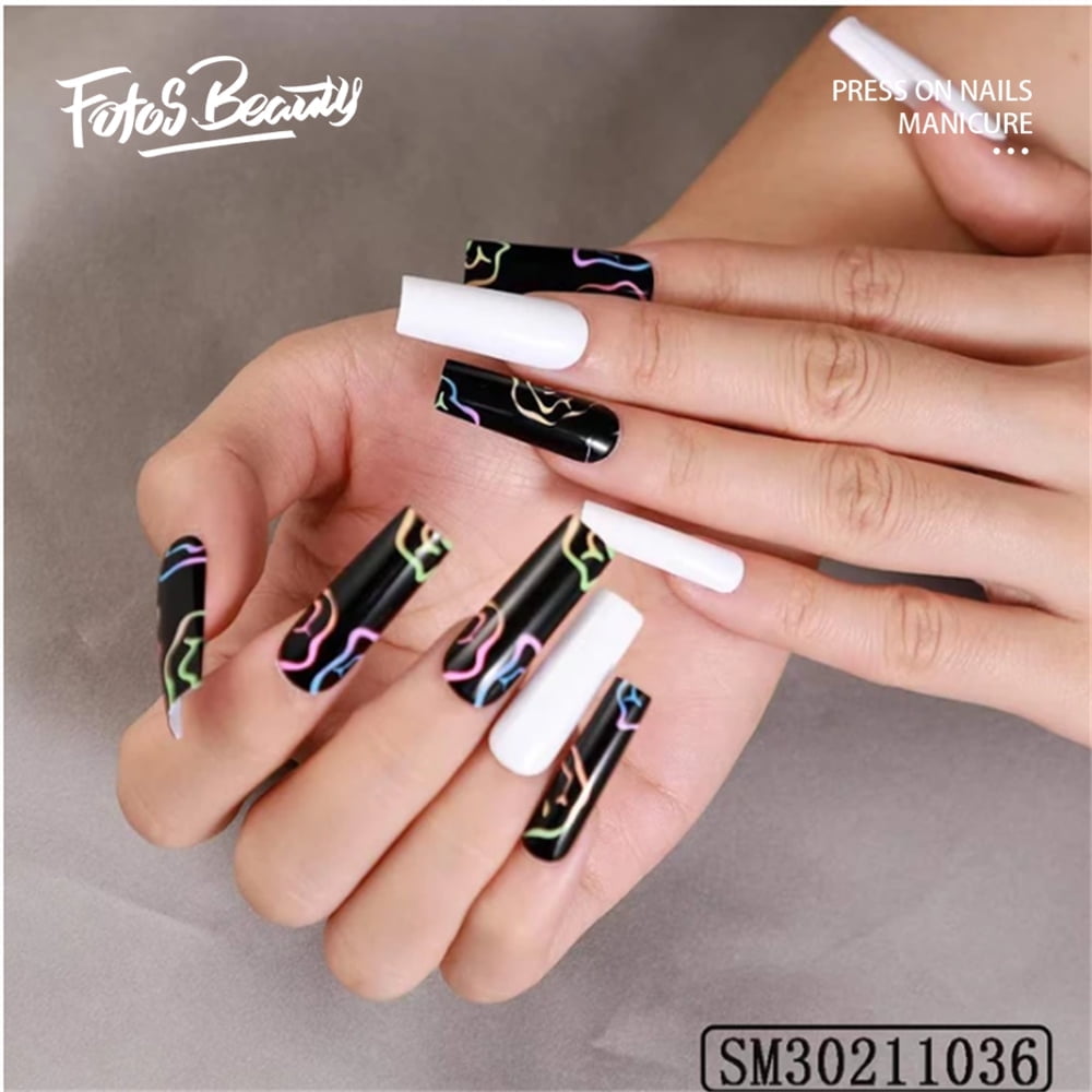 Fofosbeauty 24pcs Press on False Nails, Extra Long Fake Nails, B&W ...