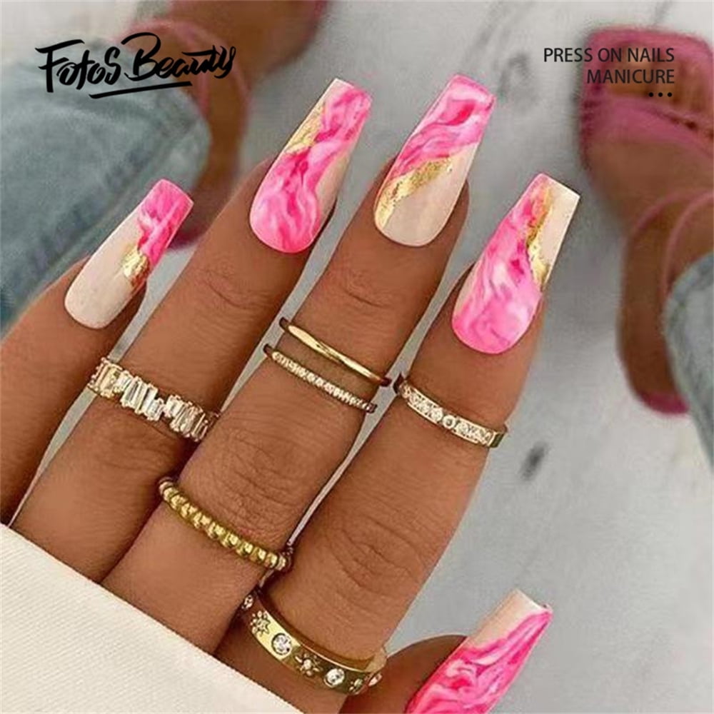 Fofosbeauty 24pcs Press on False Nails Long Coffin Fake Nails Gold Pink Marble Walmart