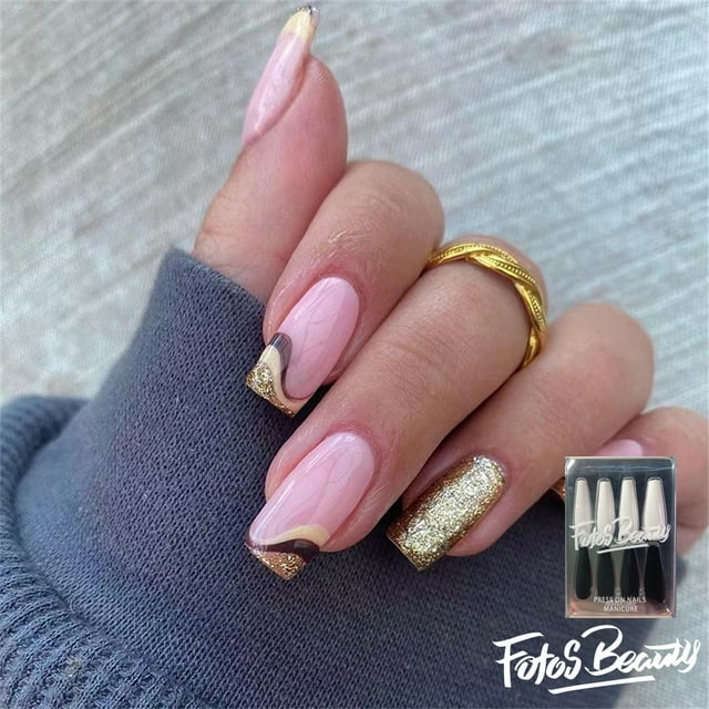 Fofosbeauty 24pcs Press On False Nails Square Fake Nails Short Square Op Art Black Gold