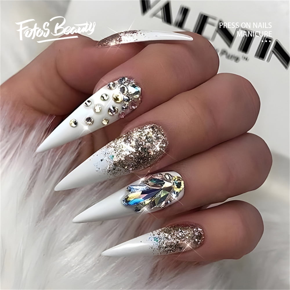 Fofosbeauty 24pcs Press on False Nails, Stiletto Fake Acrylic Nails,Aurora Drill Stack Drill ...