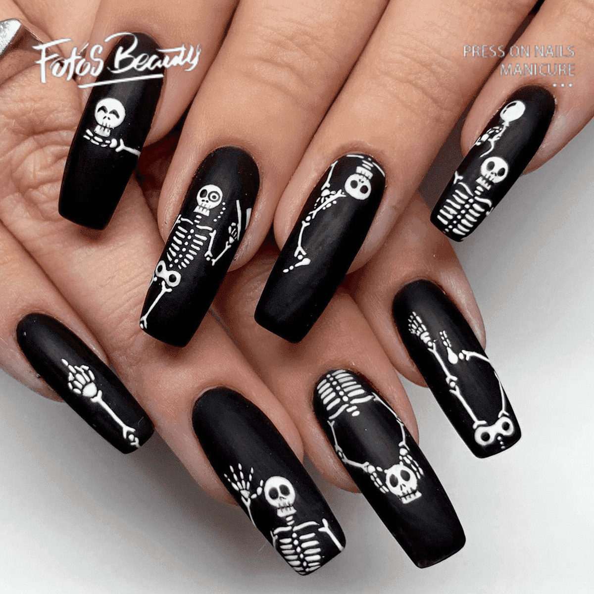 Fofosbeauty 24pcs Coffin Acrylic Press On Nails, Skeleton Black, 12 ...