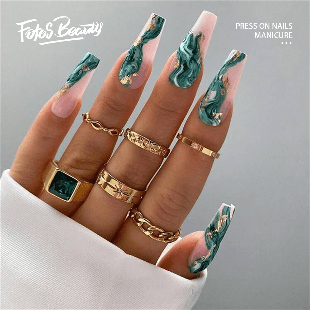 Fofosbeauty 24pcs Press on Nails Tips, Coffin Nails, Coffin Foil Gold ...