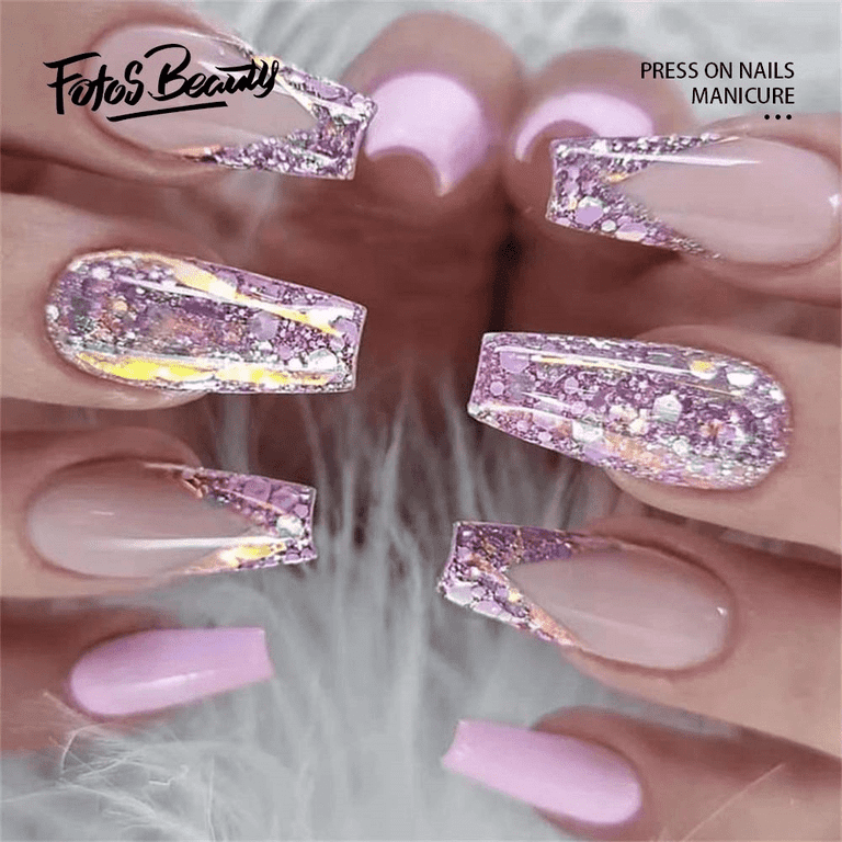 Fofosbeauty 24pcs Press on False Nails Tips Coffin Fake Nails Purple Glitter Walmart