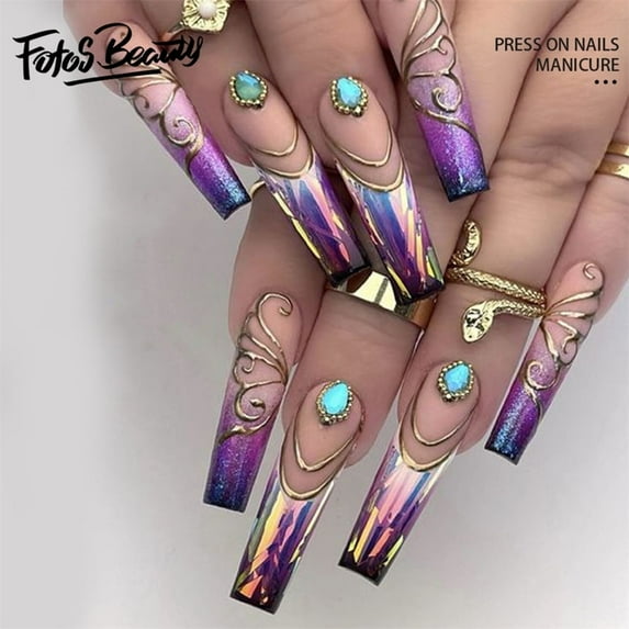 Fofosbeauty Christmas Nails, 24pcs Press On Coffin Nails, Purple Full ...