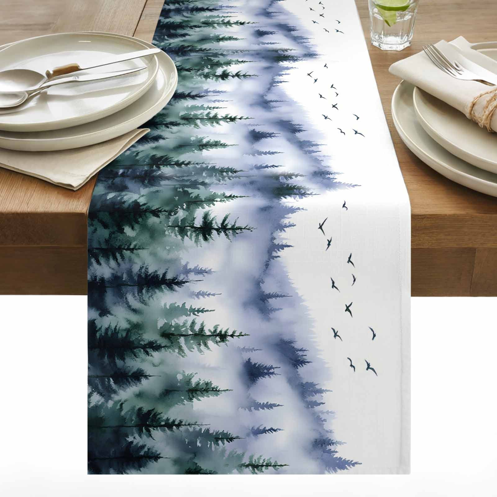 Fog Bird Forest Cotton Linen Table Runner Abstract Mystery Spring Black ...