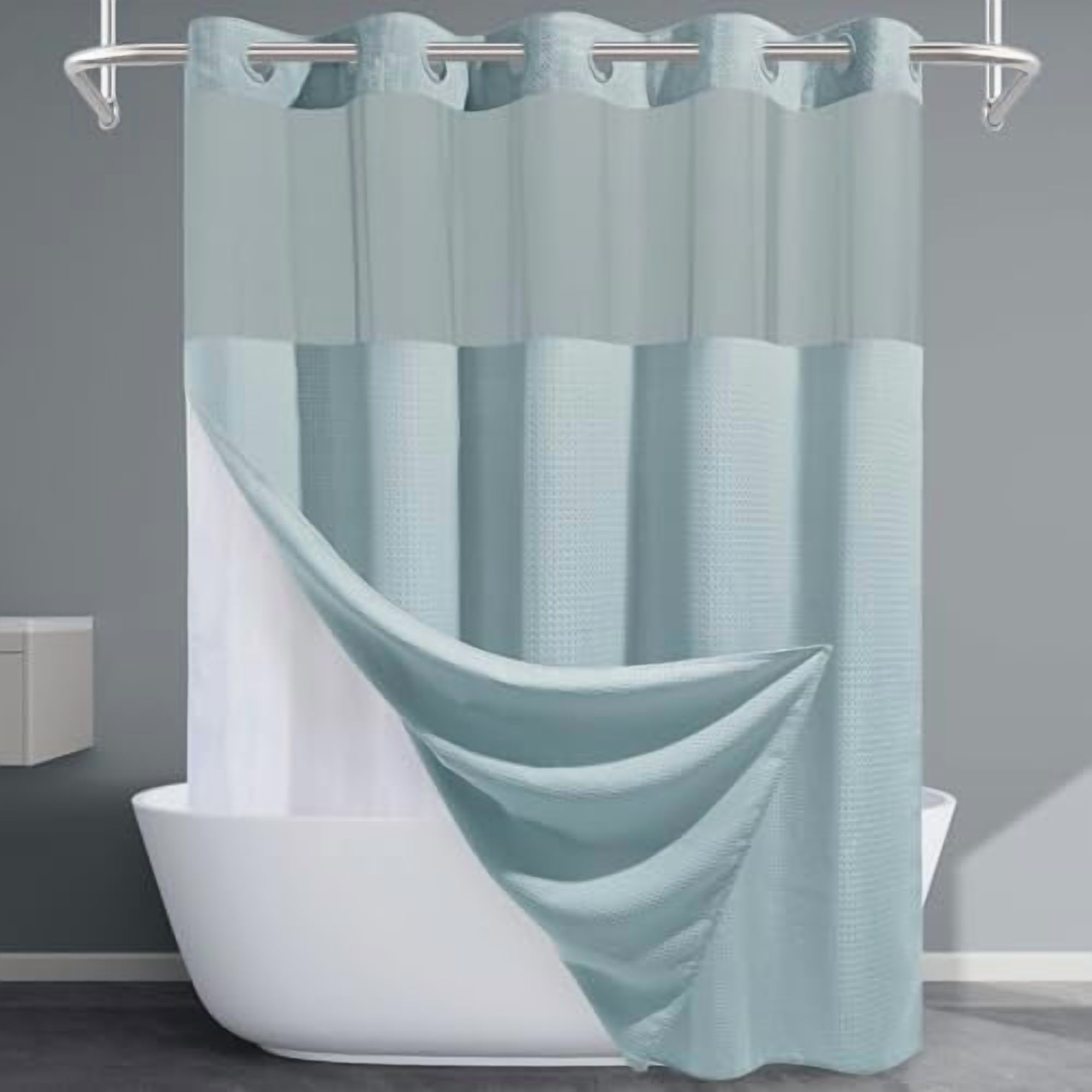 Fog Blue Long No Hook Shower Curtain with Snap in Liner,230GSM Waffle ...
