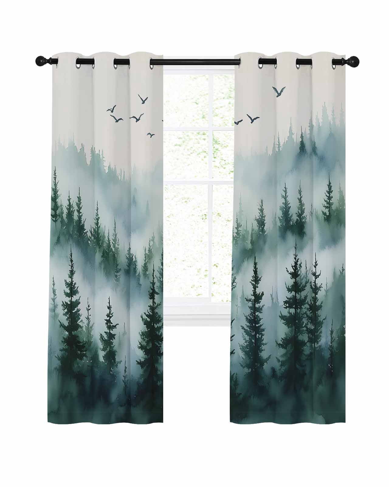 Fog Forest Blackout Curtains 63 Inch Length Abstract Spring Dark Green ...