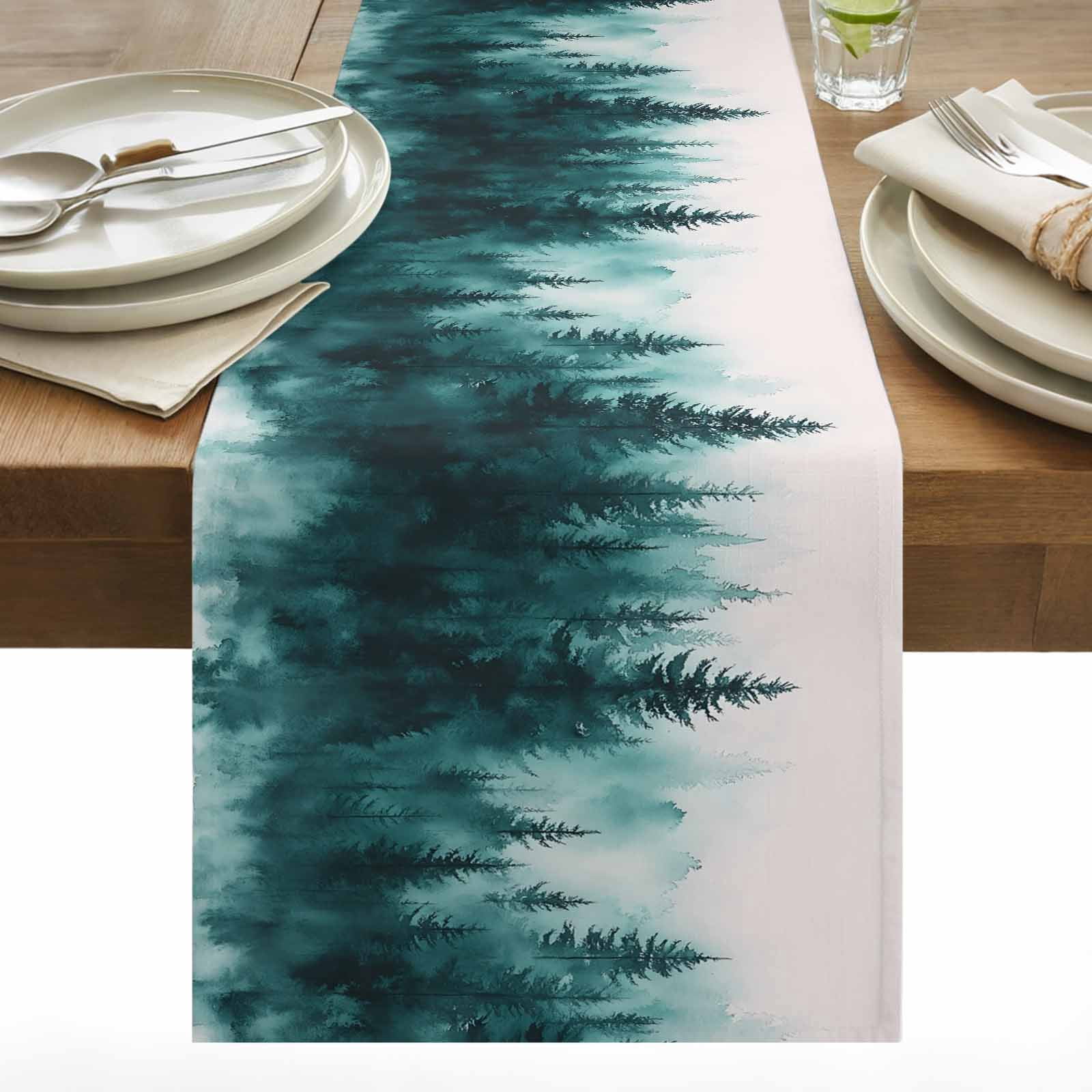 Fog Forest Cotton Linen Table Runner Abstract Spring Black Green Forest ...