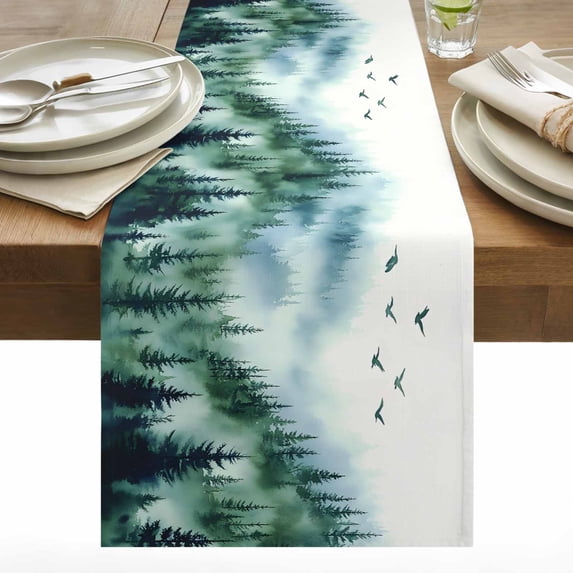 Fog Forest Cotton Linen Table Runner Mystery Abstract Spring Dark Green ...