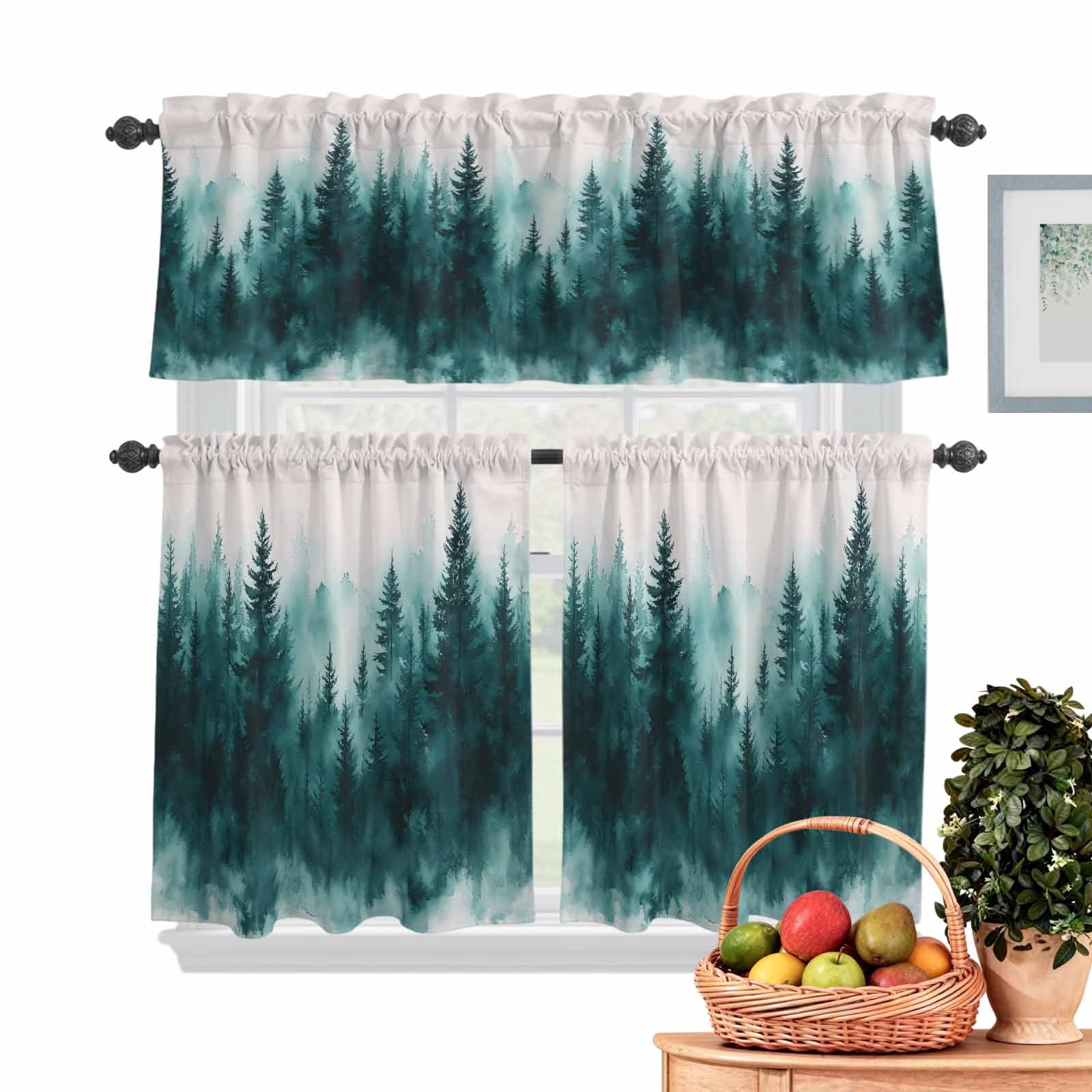 Fog Forest Kitchen Curtains Valances 3 Piece Set, Abstract Spring Black ...