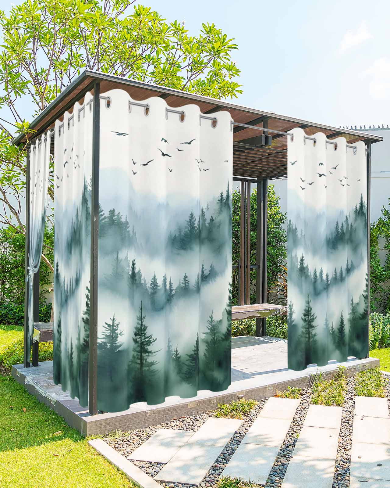 Fog Forest Outdoor Curtains for Patio, Abstract Spring Dark Green ...