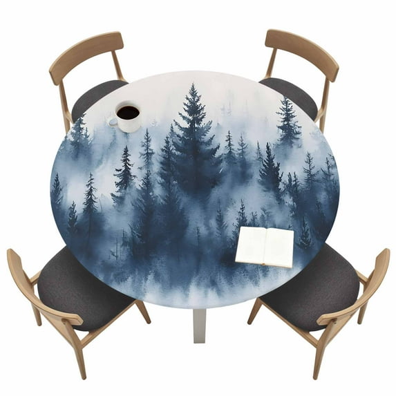 Fog Forest Round Fitted Tablecloth with Elastic Edge Abstract Mystery ...