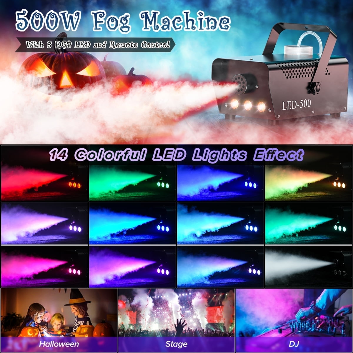 Fog Machine, 500W RGB LED Smoke Machine Stage Lighting Effect with ...