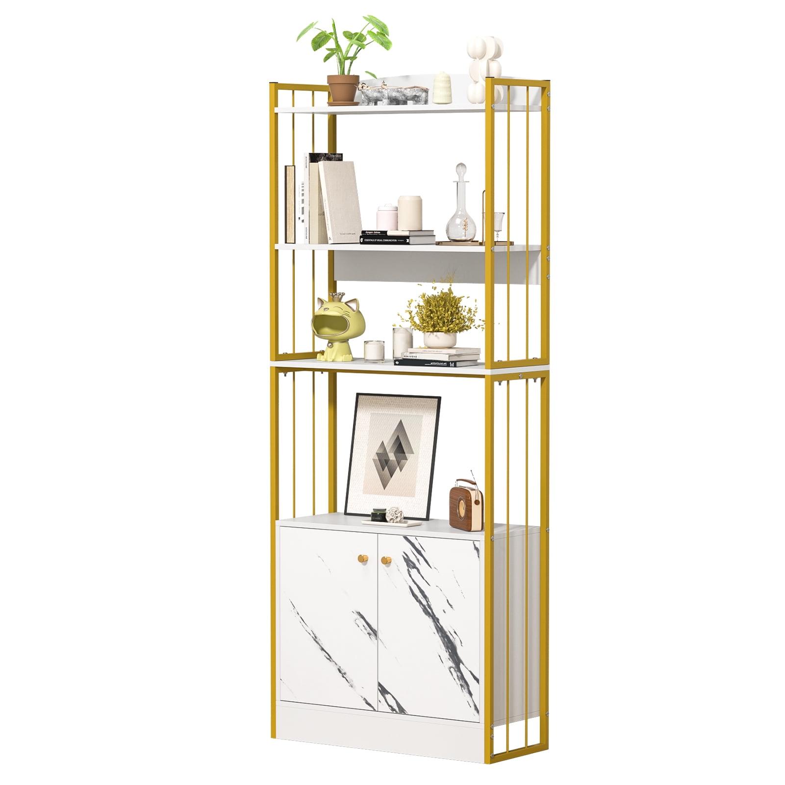 Fogcroll 4-Tier Bookshelf with Doors Tall Bookcase with Storage Cabinet ...