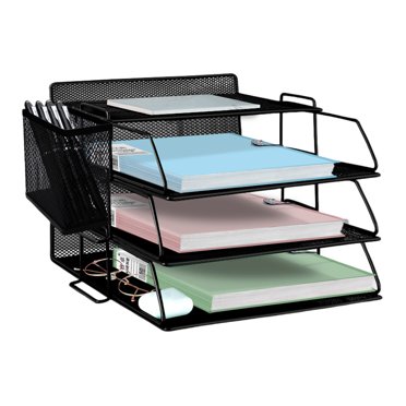 Multi-Tier Wood Desk File Organizer with Side File Rack, 3 Tray Shelves ...