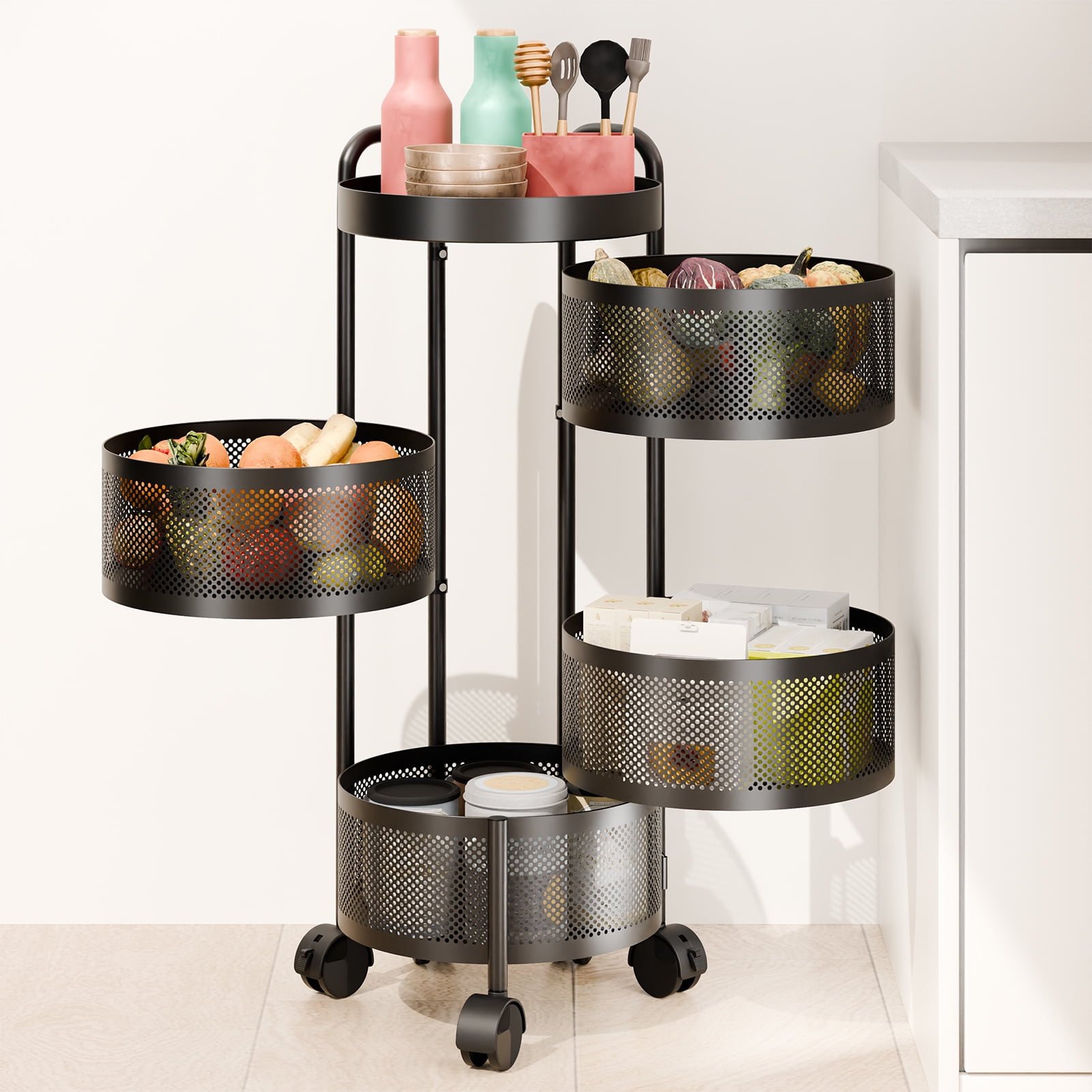 Fogcroll 4-Tier Rotating Kitchen Storage Rack Round Metal Storage ...