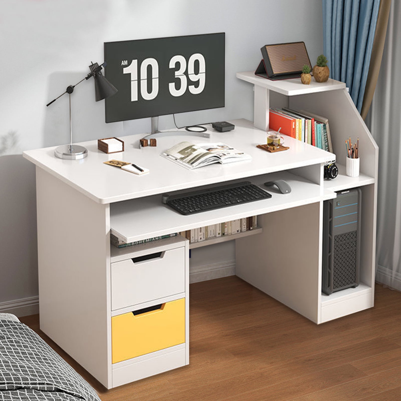 Fogcroll Computer Desk Home Office Desk with 2 Drawers 1 Keyboard ...