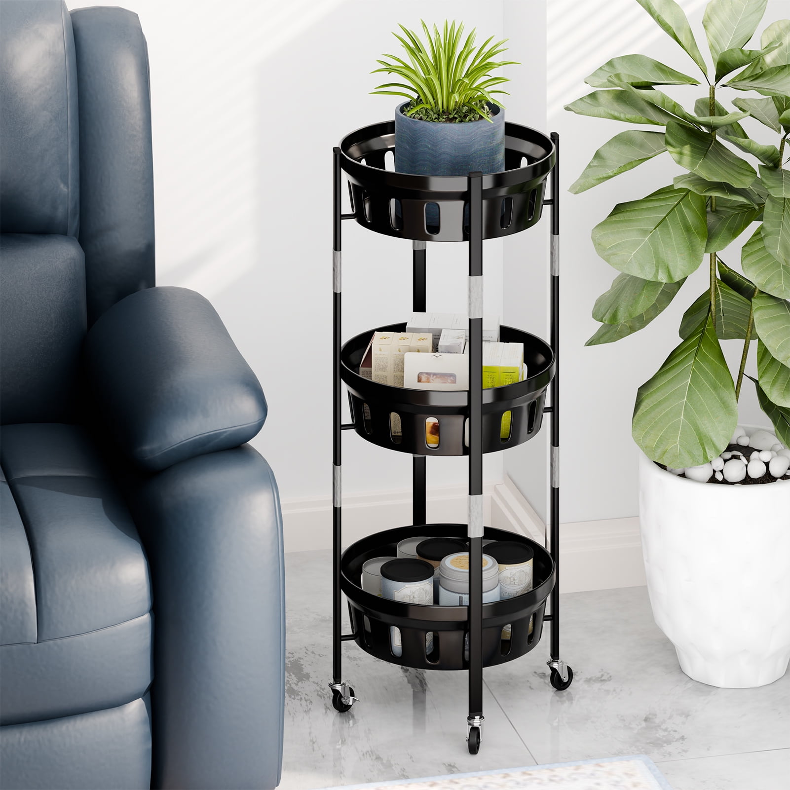 Fogcroll Folding Kitchen Storage Rack Cart, 3 Tier Round Collapsible ...