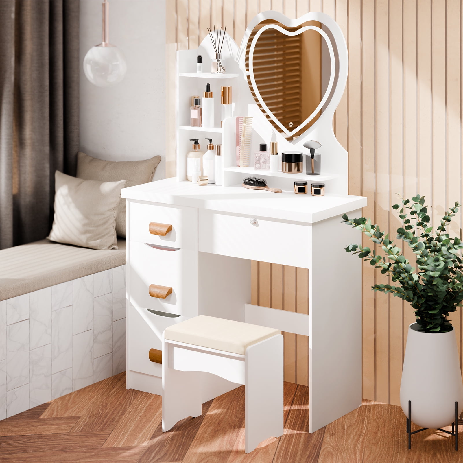Fogcroll Makeup Vanity Desk Bedroom Dressing Table with LED Lighted ...