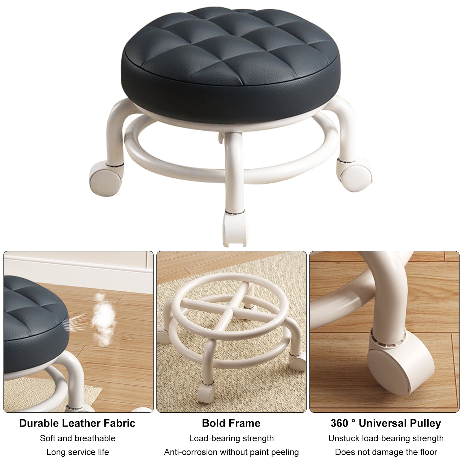 Fogcroll Modern Roller Seat Faux Leather Low Round Rolling Stool 360 ...