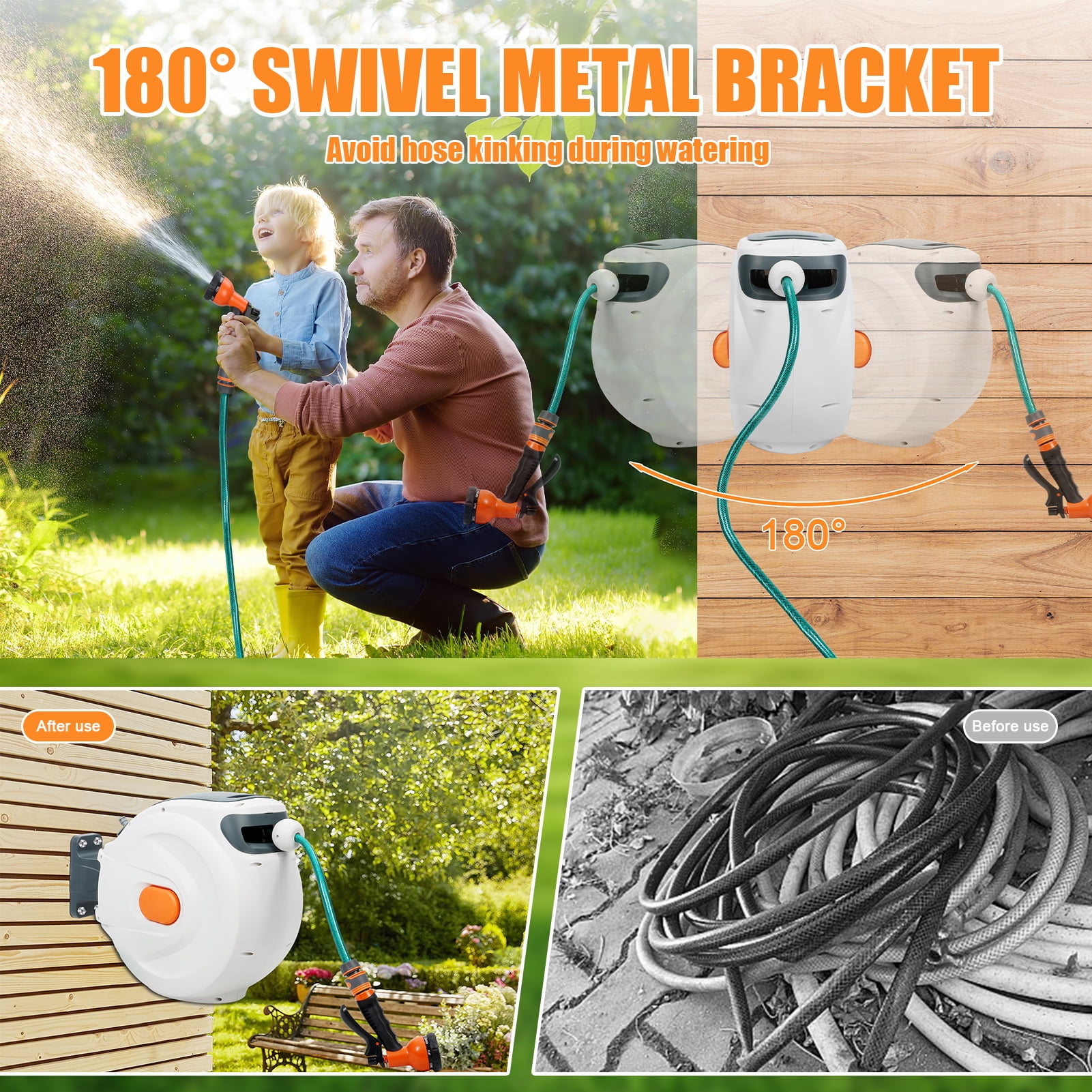 Fogcroll Retractable Hose Reel,Garden Water Hose Reel with 6 Work Modes ...