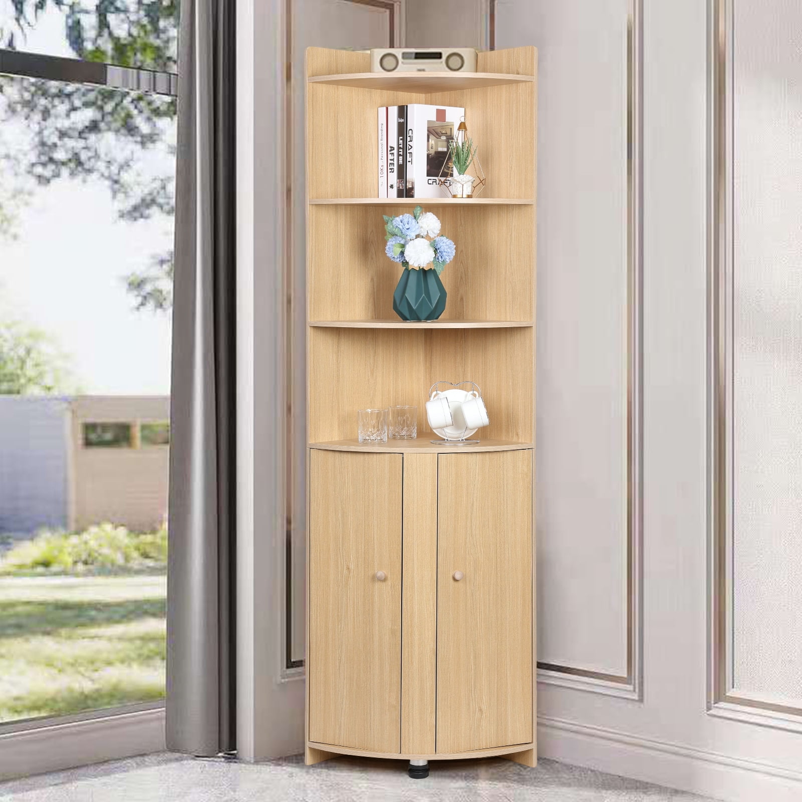 Fogcroll Tall Corner Cabinet, Farmhouse Storage Cabinet with 3 Open ...