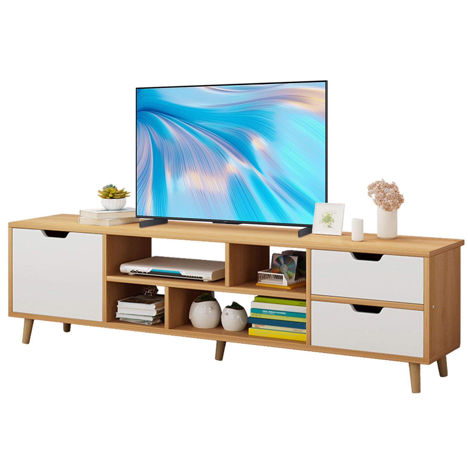 Fogcroll Tv Stand for Bedroom Tv Dresser for Living Room Media Console Table Entertainment Center with 3 Fabric Drawers Cabinet and Open Storage