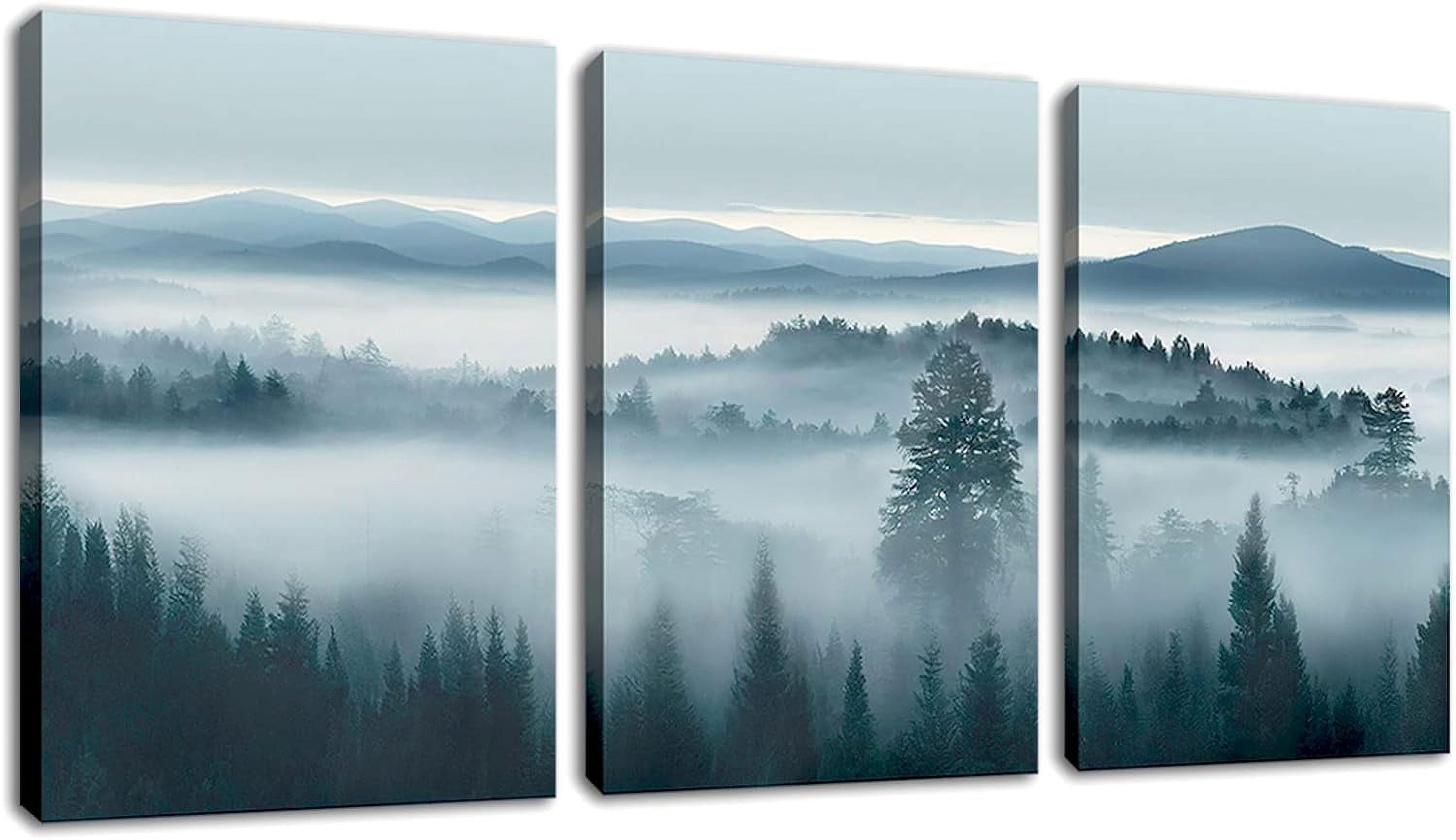 Foggy Forest Canvas Wall Art Indigo Misty Forest Pictures Blue Grey Abstract Mountain Trees ...