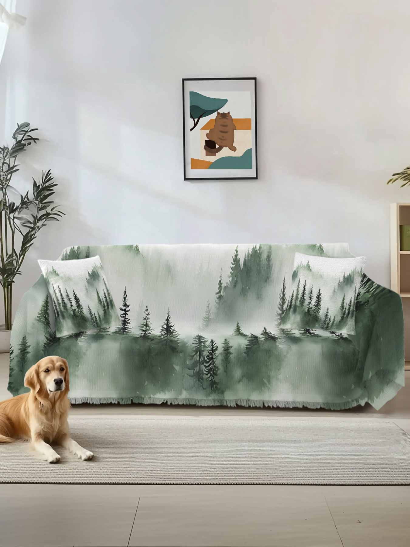 Foggy Forest Couch Cover for 2 Cushion Sofa, Green Mist Mountain ...