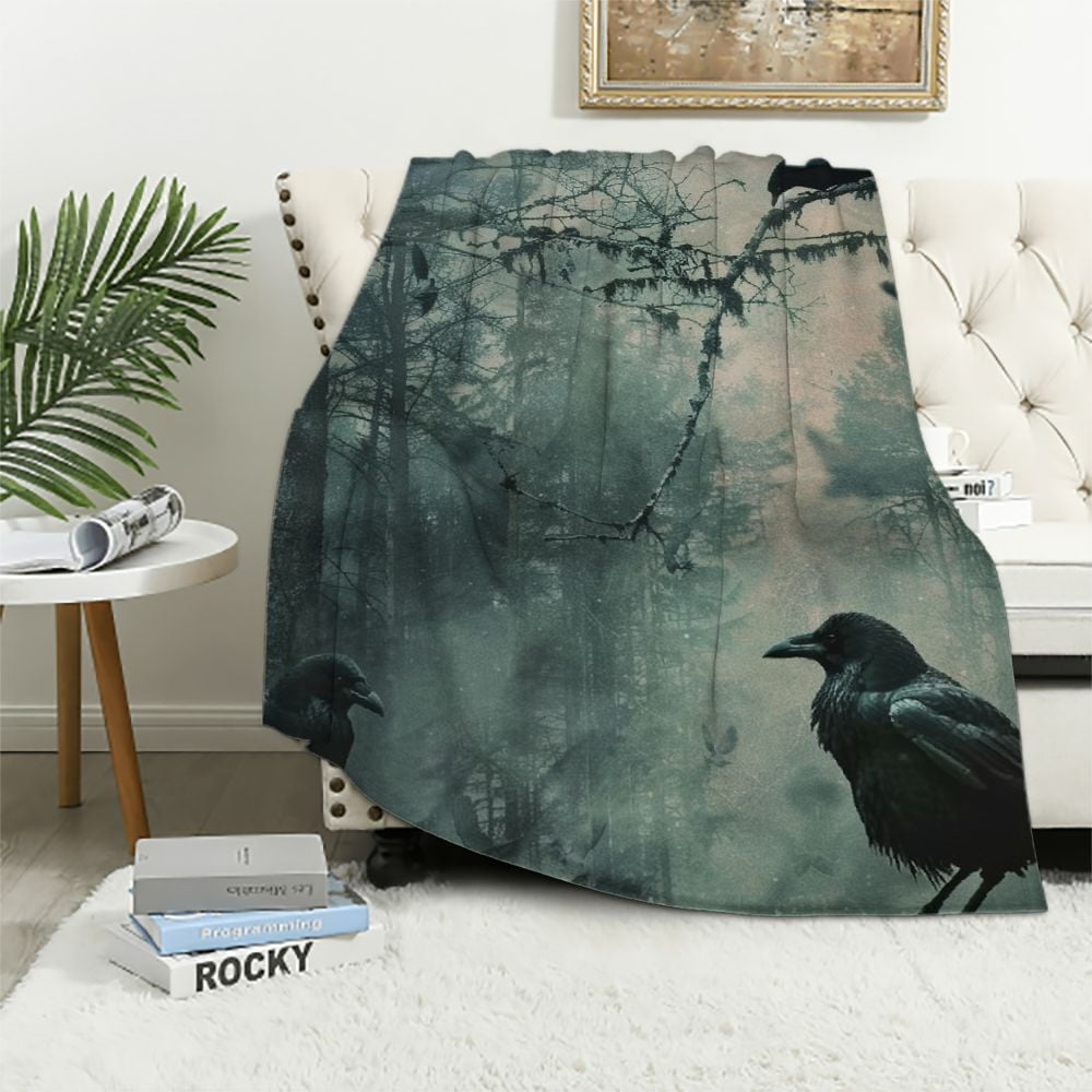 Foggy Forest Crow Pattern Printed Throw Blanket,Mystical Horror Gothic ...