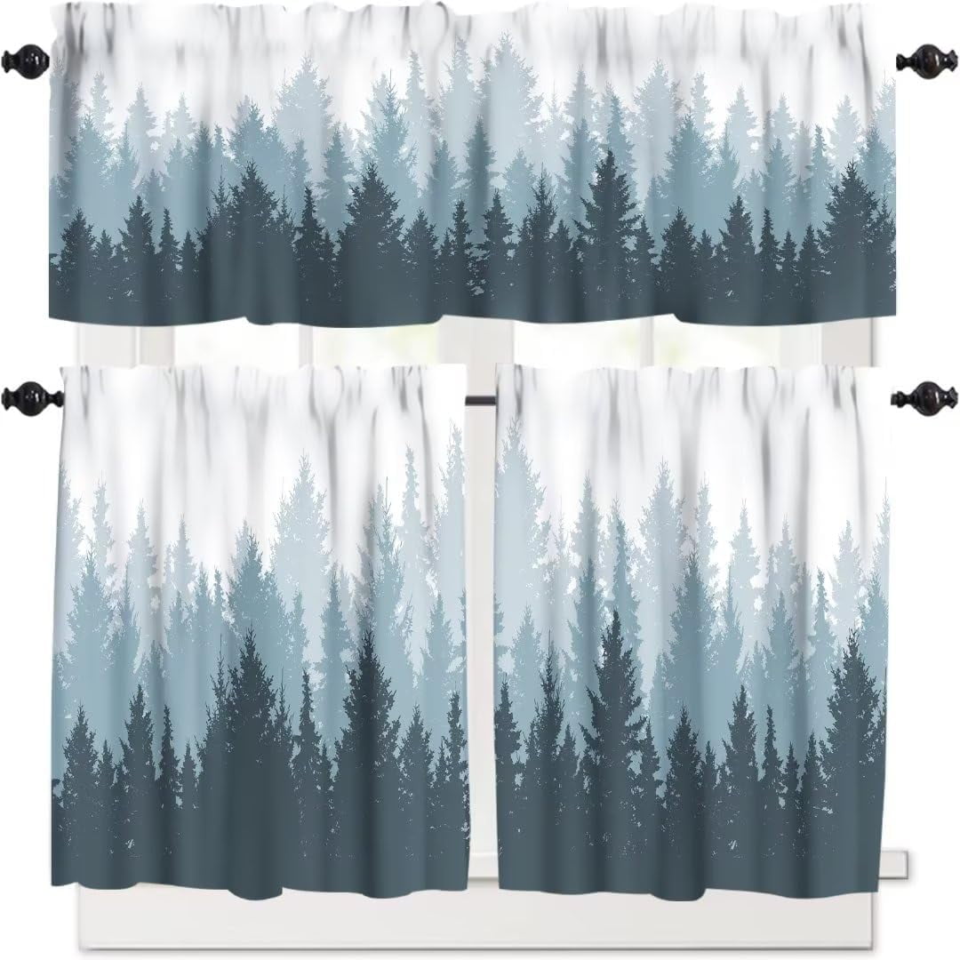 Foggy Forest Curtain Set, Green Coniferous Tree Silhouette Mist ...