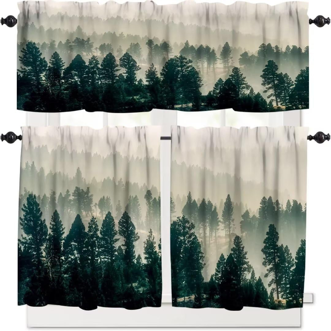 Foggy Forest Curtain Set, Misty Green Forest Natural Landscape Pine ...