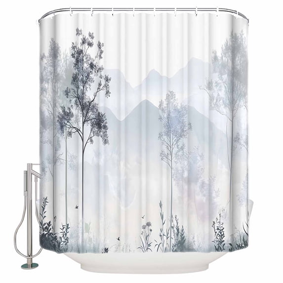 Foggy Forest Gray Bathroom Shower Curtains with 12 Hooks Polyester ...