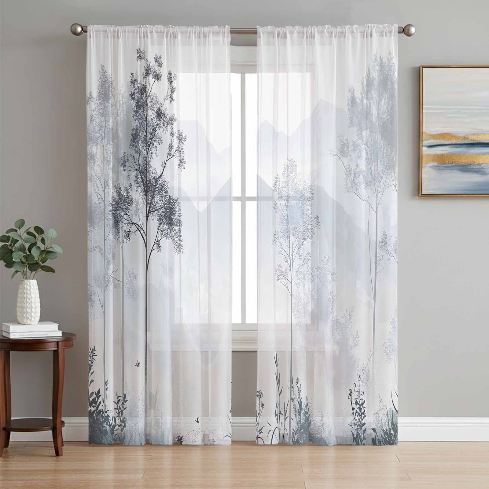 Foggy Forest Gray Sheer Curtains 96 Inch Length 2 Panels Set, Vintage ...