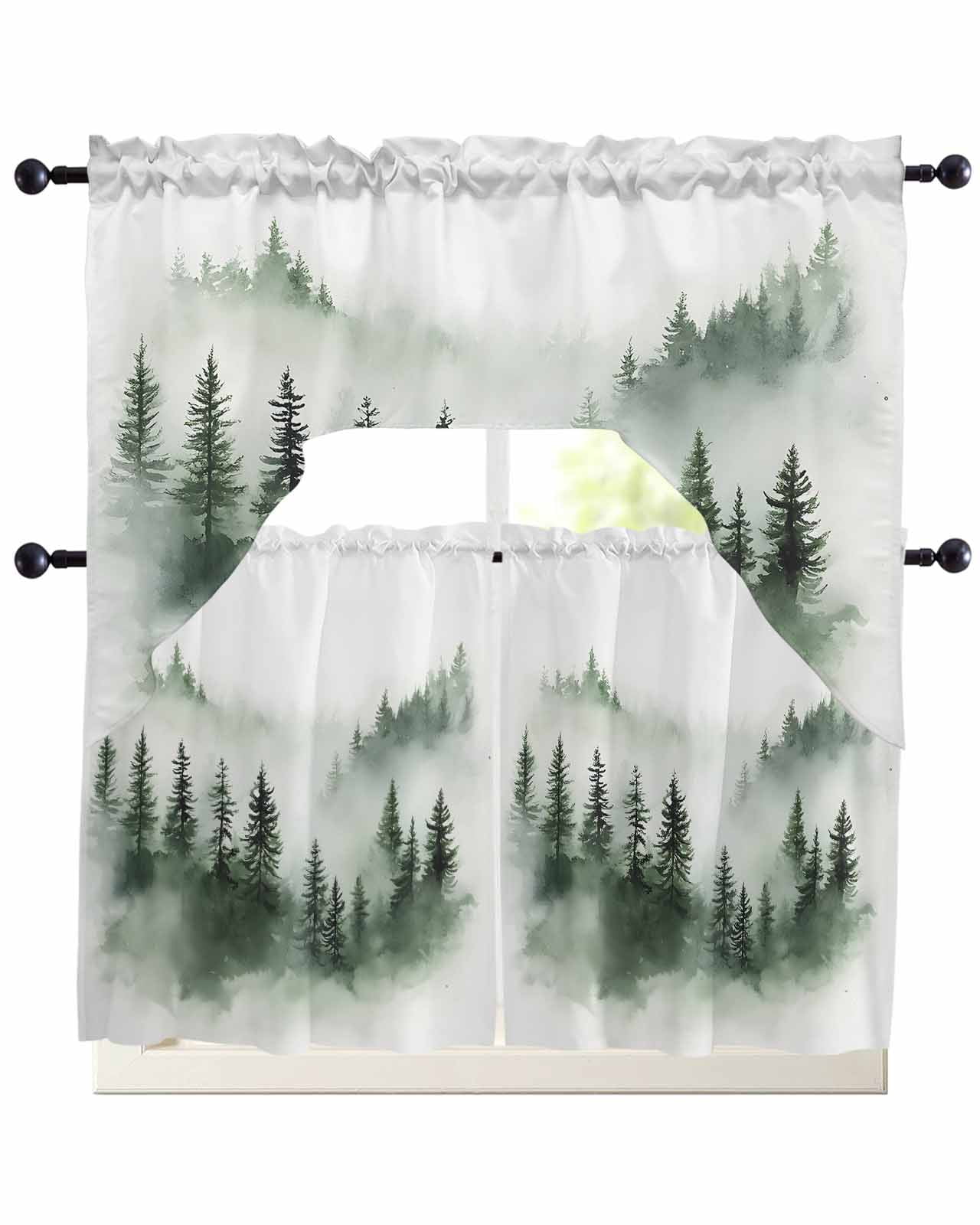 Foggy Forest Kitchen Curtains Sets 24 Inch Length with Valance, Green ...