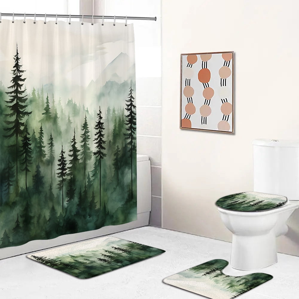 Foggy Forest Nature Shower Curtain Set Misty Woodland Tree Cloud ...