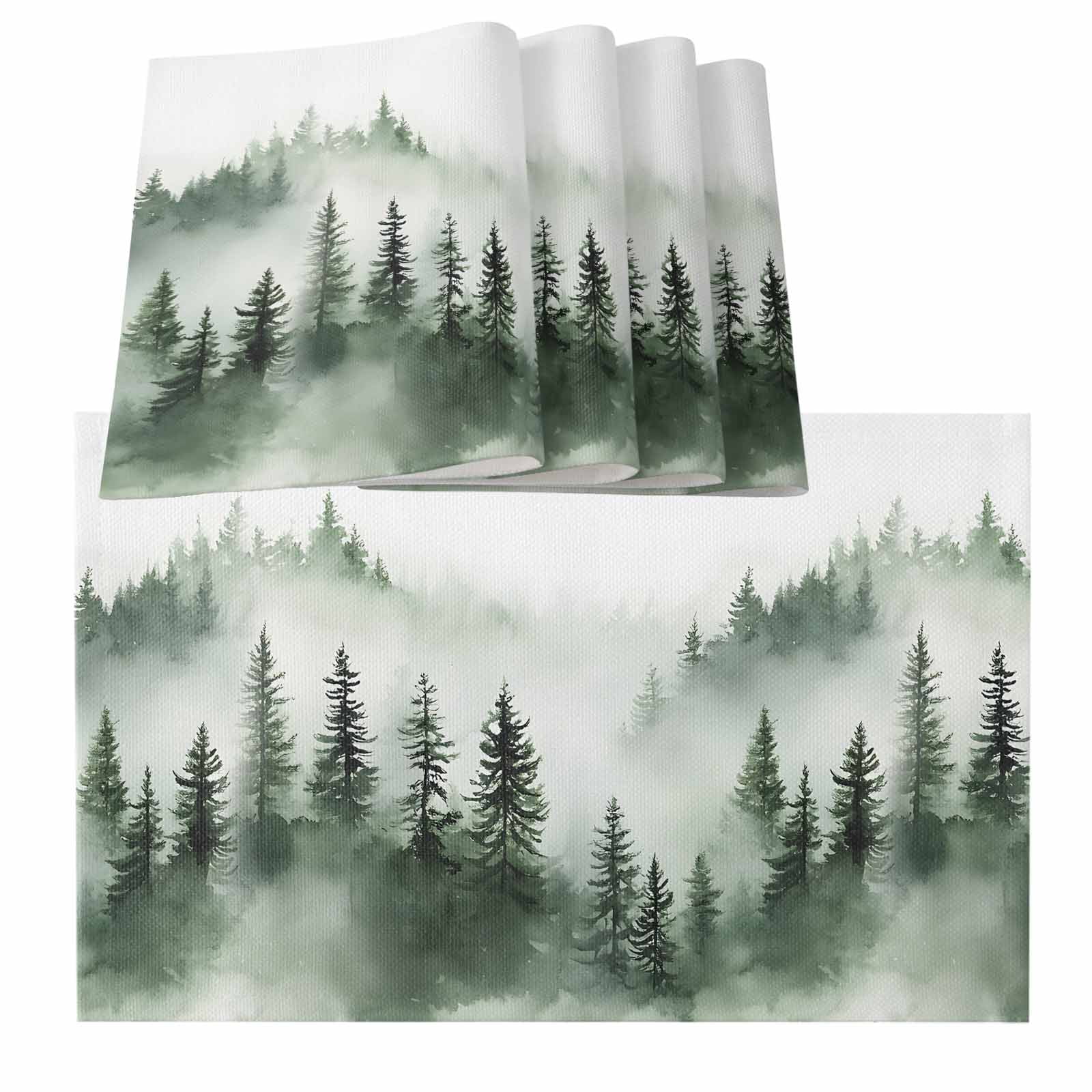 Foggy Forest Placemats for Dinning Table Set of 6, Green Mist Mountain ...