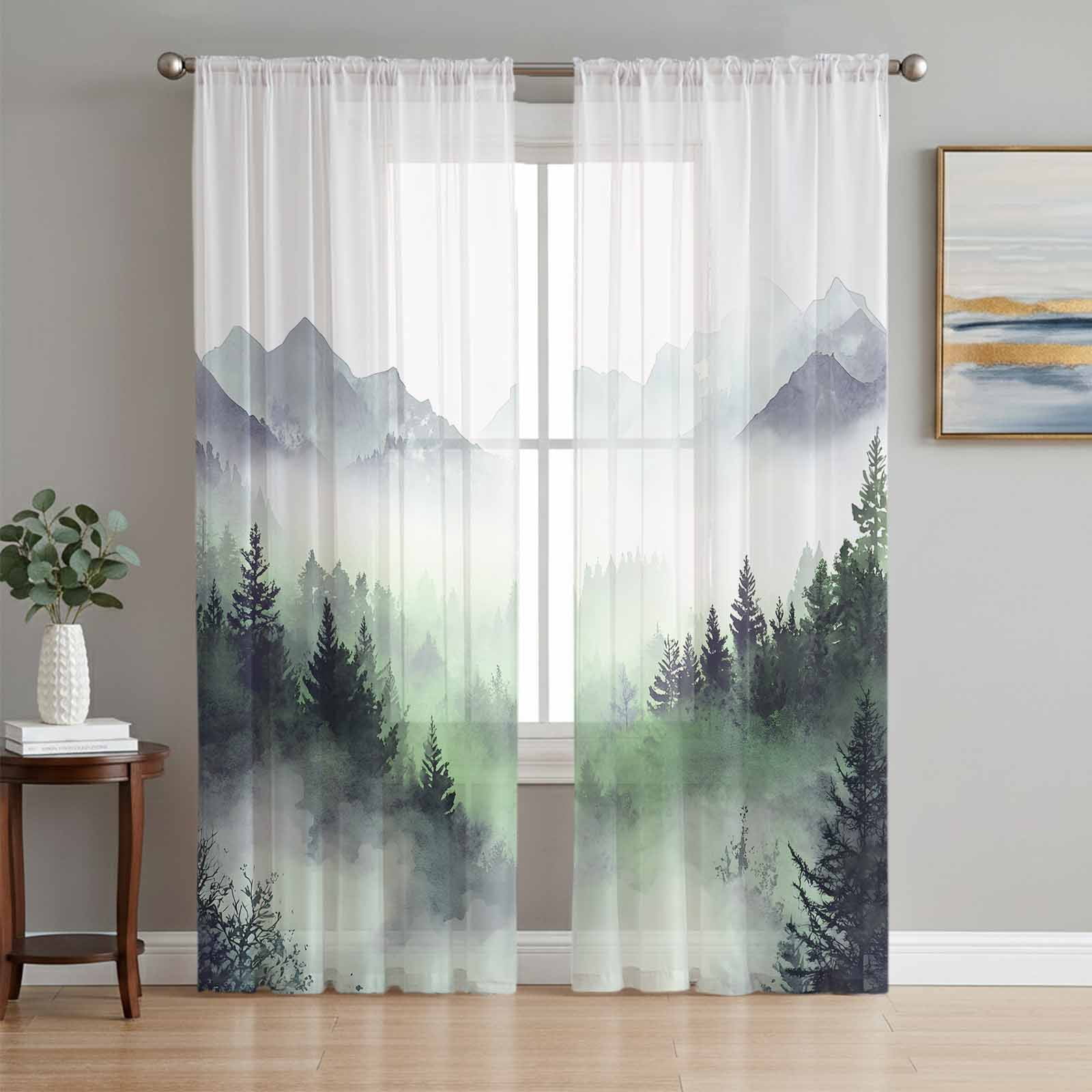 Foggy Forest Sheer Curtains 63 Inch Length 2 Panels Set, Mountains ...