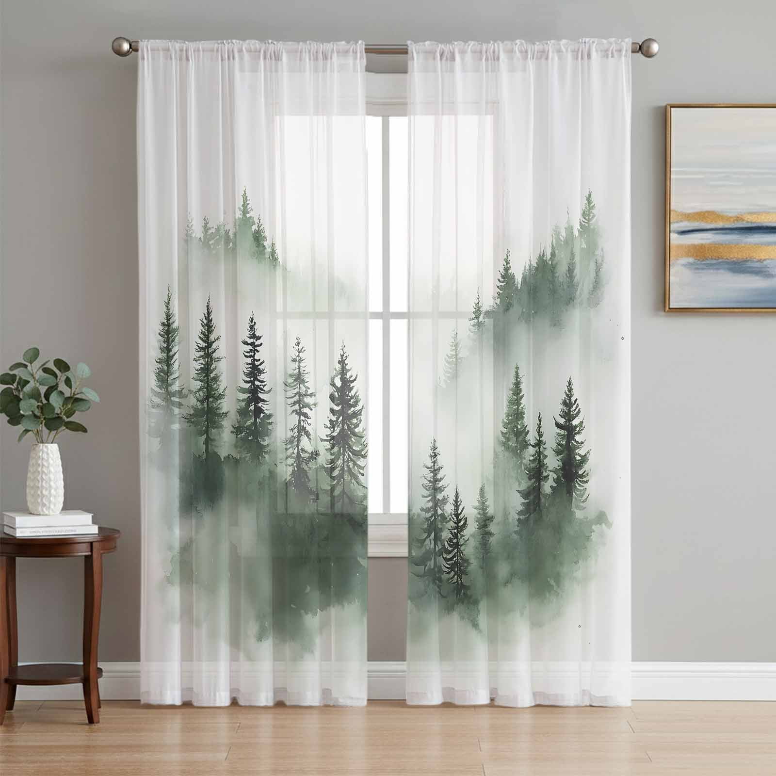 Foggy Forest Sheer Curtains 72 Inch Length 2 Panels Set, Green Mist ...